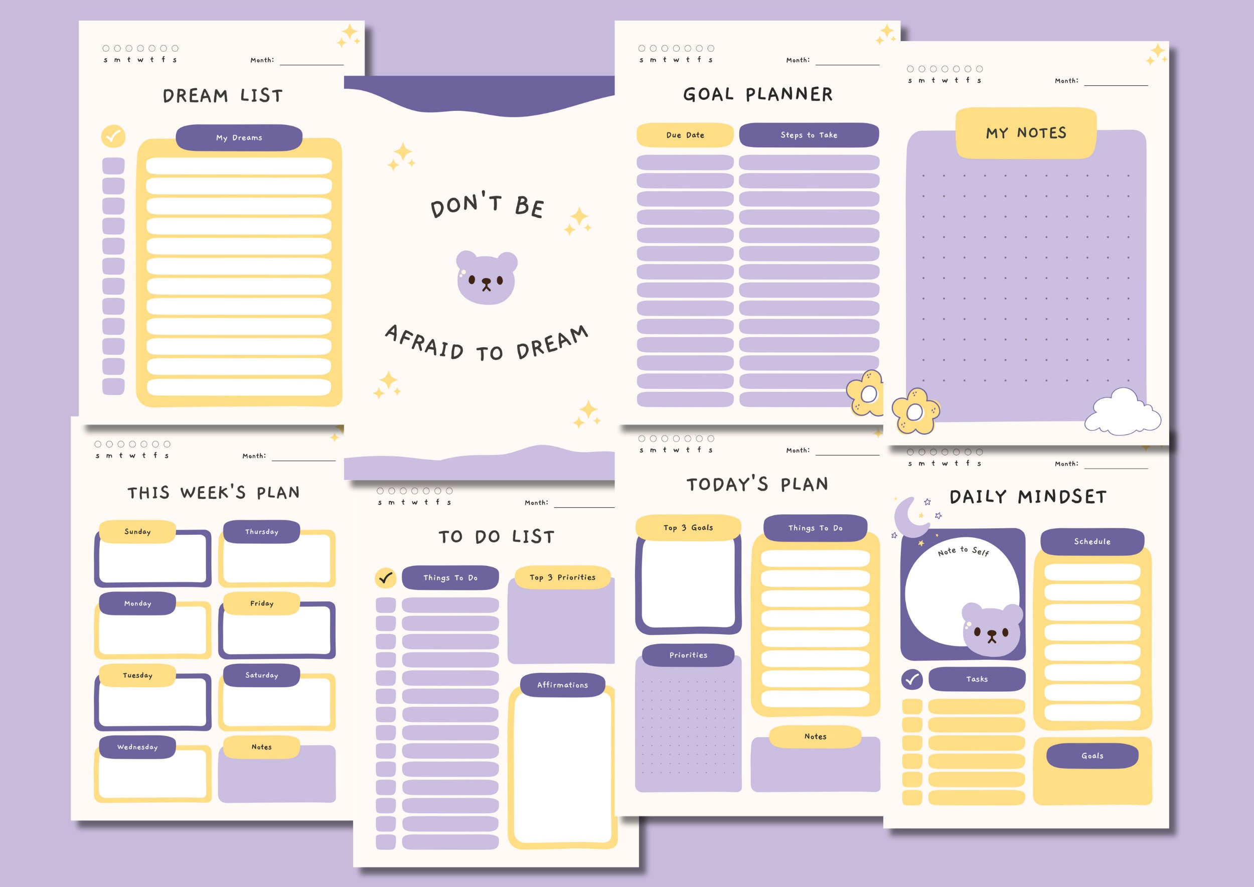 Set of 8 Printable Planner Sheets Purple Bear Cute Notebook Digital ...