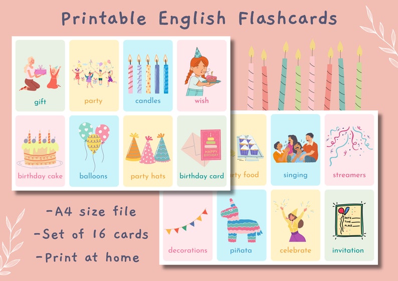Printable English Birthday Flashcards Set of 16 Digital - Etsy
