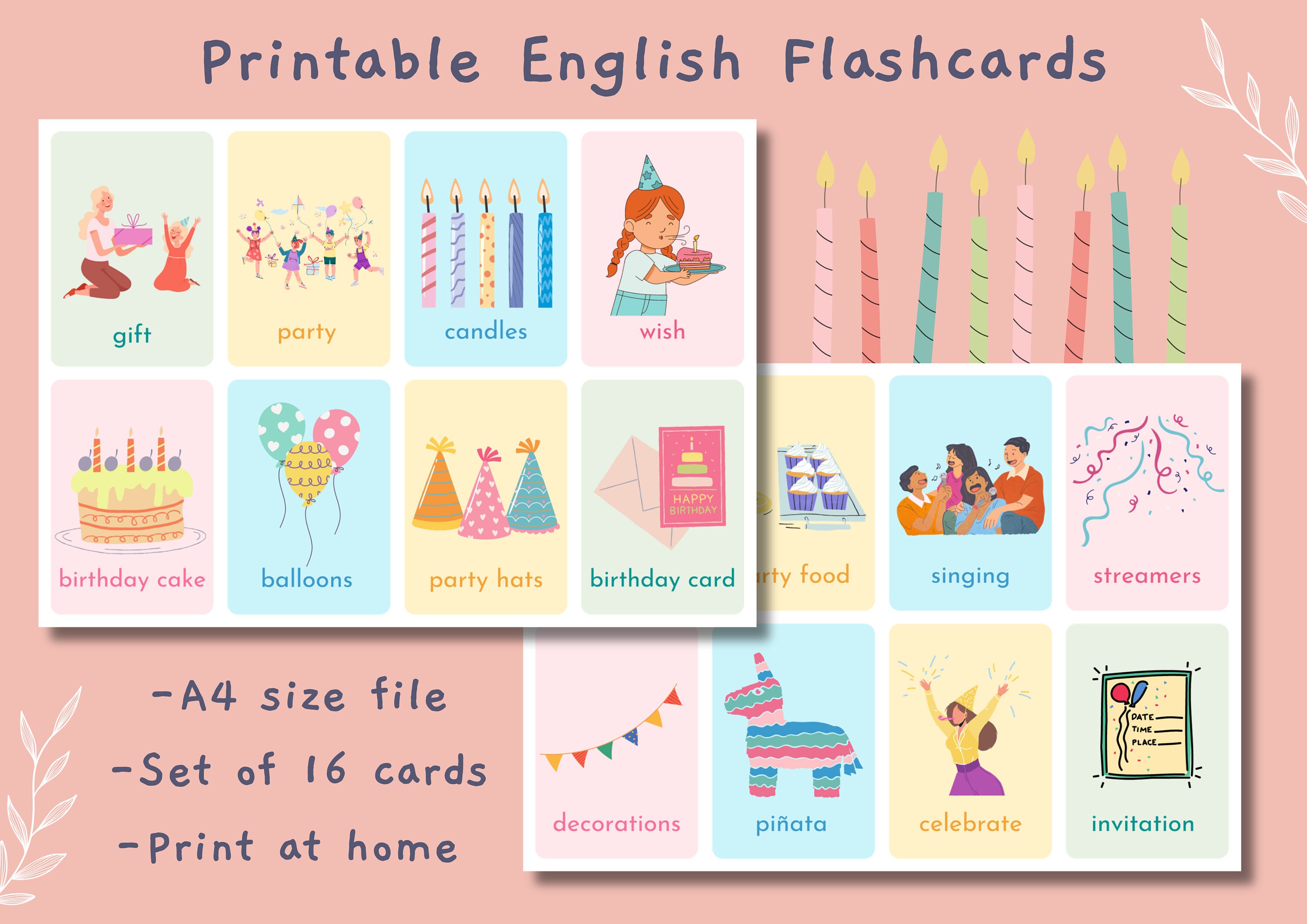 Printable English Birthday Flashcards Set of 16 Digital - Etsy Australia