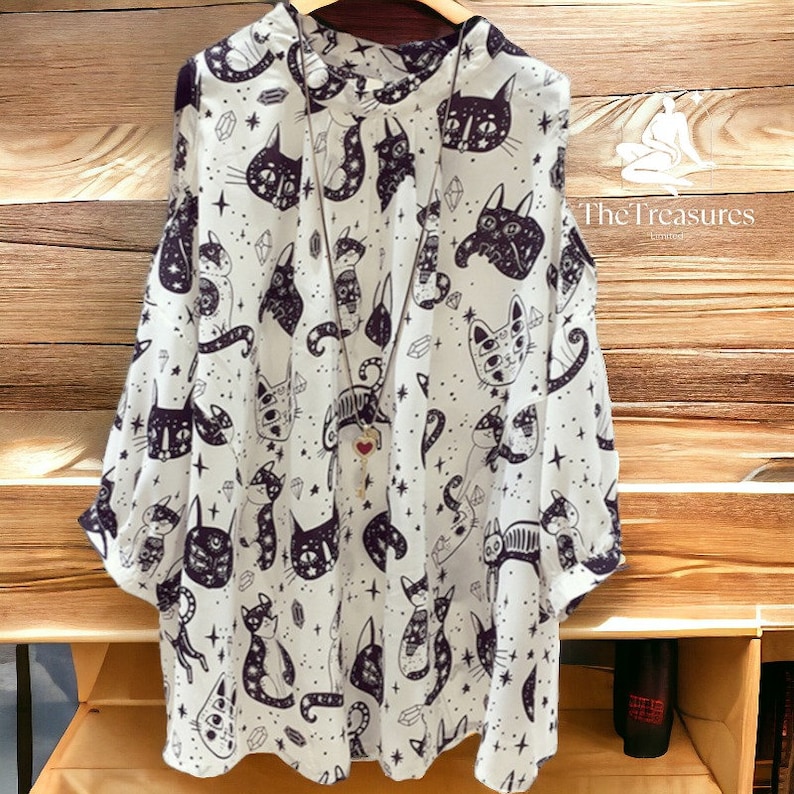 Women Blouse Cat Mom Top Cat Print Strapless Shirt Chiffon Top Meowdy ...