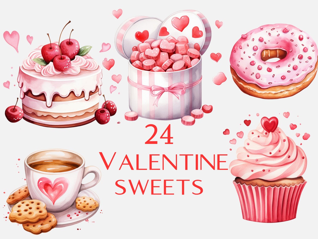 Valentine Baking Clipart Bundle PNG Watercolor Candy Box, Donut ...