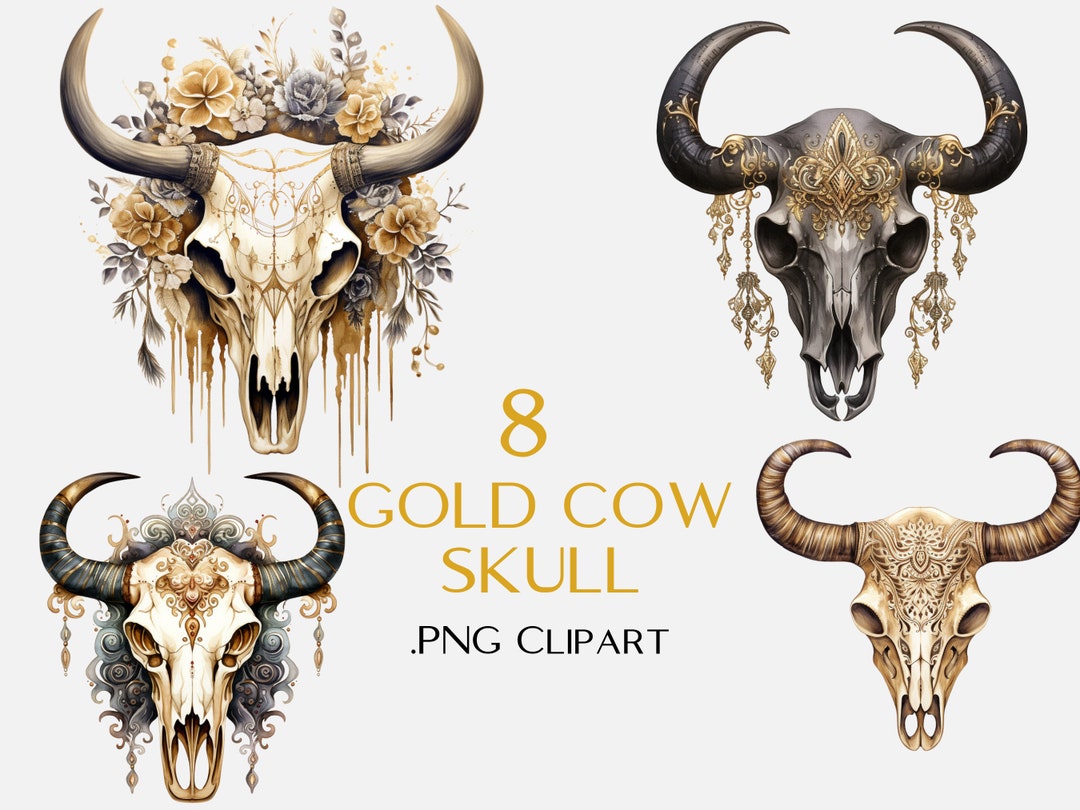 Gold Cow Skull Clipart Set of Watercolor 8 PNG Gothic - Etsy Canada