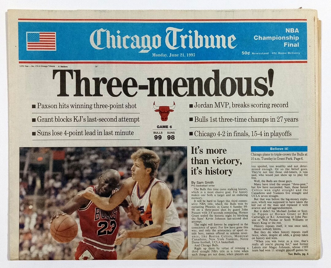Chicago Bulls - 1993 NBA Title - the Chicago Tribune - "three-mendous!" - Sealed and Front Cover ...