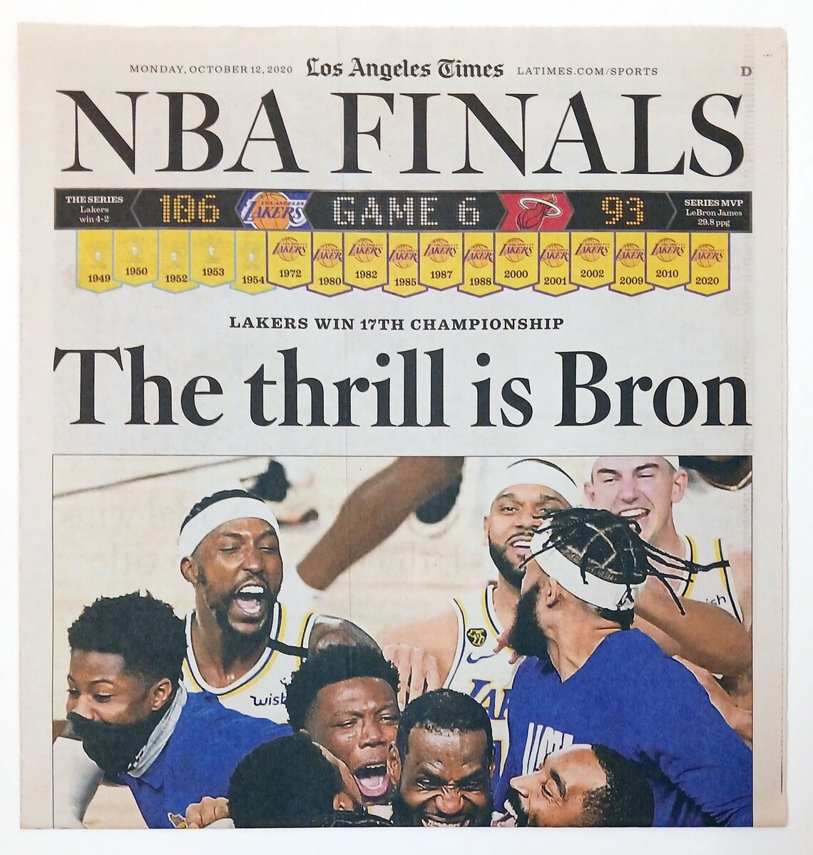 Los Angeles Lakers - 2020 NBA Title - the Los Angeles Times - "the ...