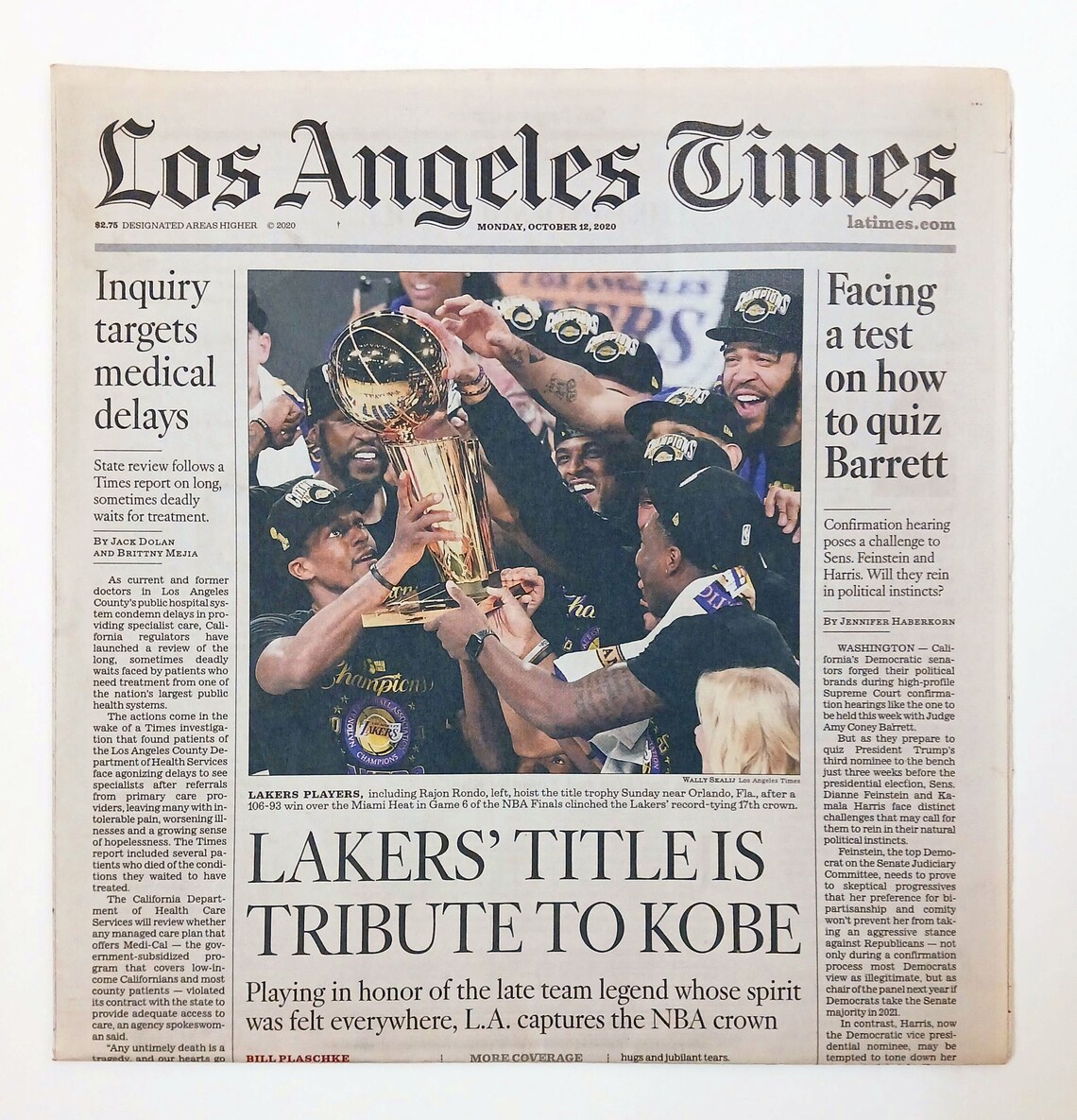Los Angeles Lakers - 2020 NBA Title - the Los Angeles Times - "the ...