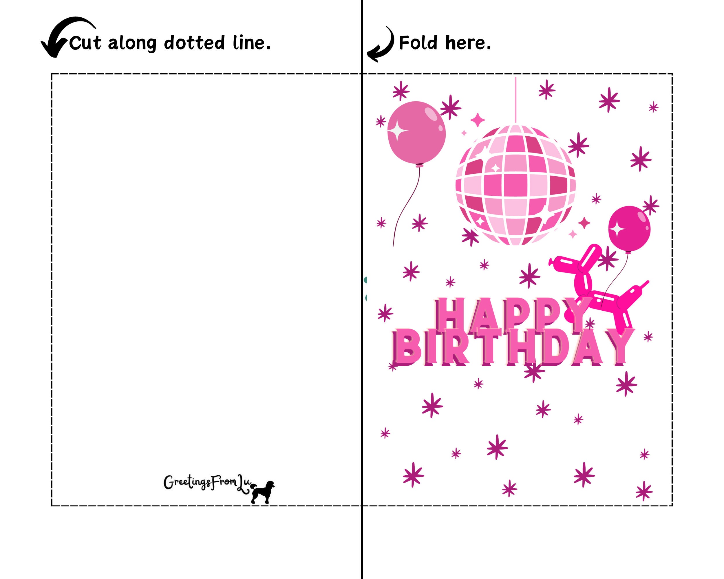 Printable Disco Happy Birthday Card, Pink Disco Ball, Balloon Dog - Etsy