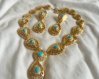 Algerian Moroccan 21K Gold Plated Arabic Set Earrings Necklace Dubai ...