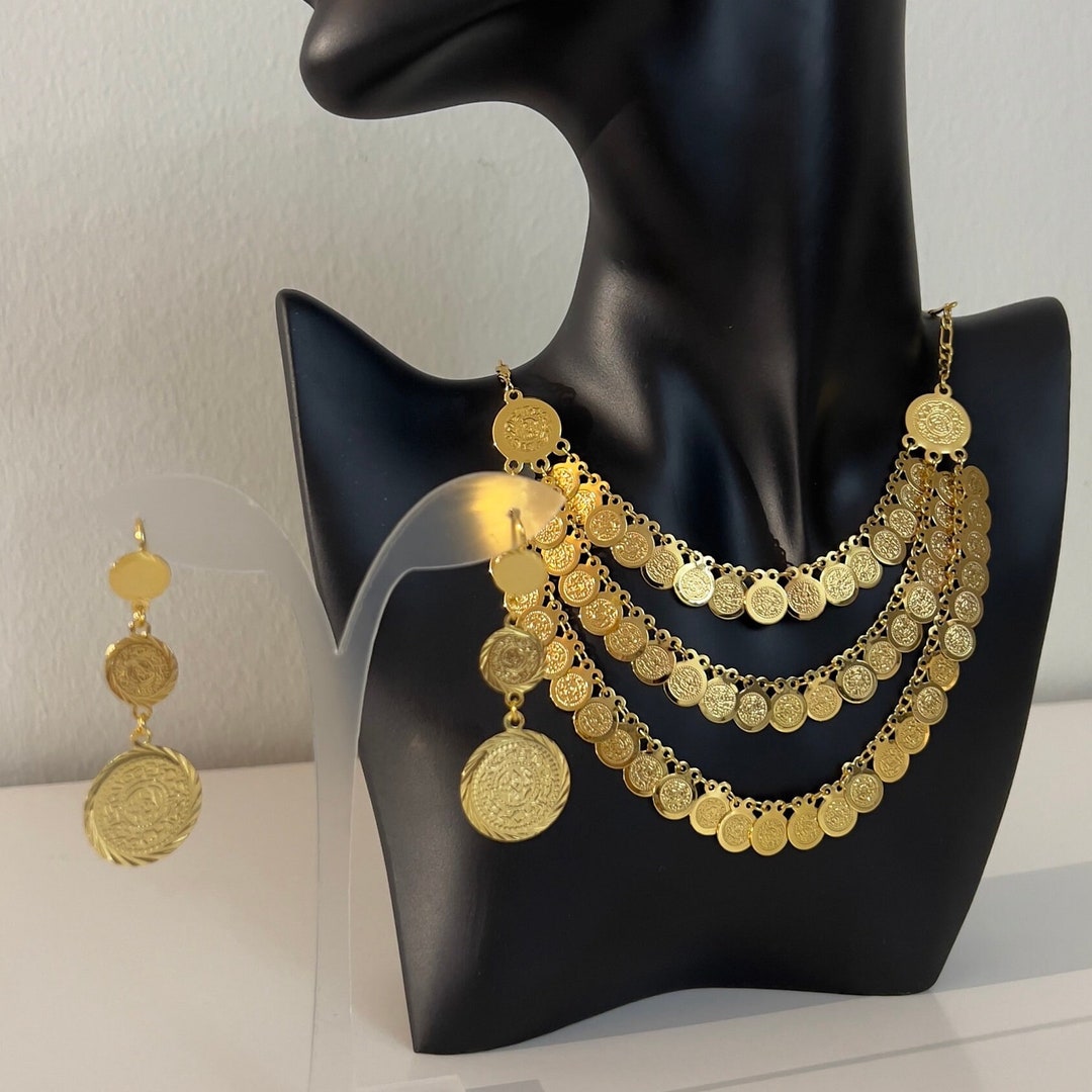 24K Gold Plated Arabic Set Earrings Necklace Layers Iraqi Dubai Gold ...
