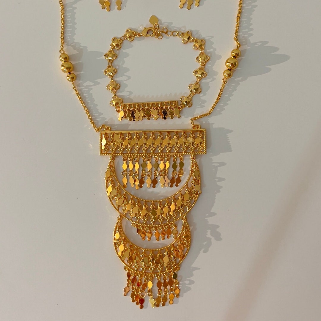 24K Gold Plated Arabic Set Earrings Necklace Layers Iraqi Dubai Gold ...