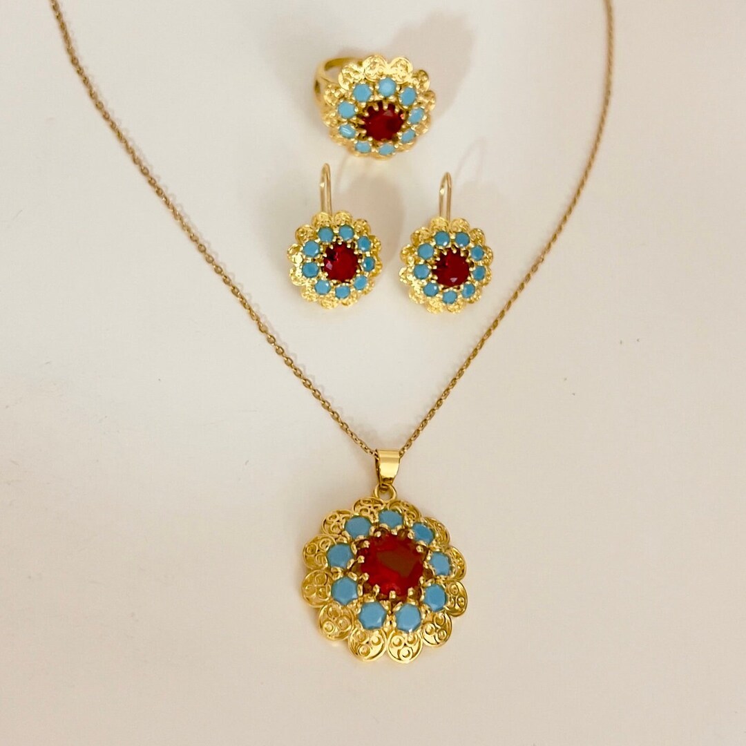 24K Gold Plated Arabic Set Earrings Necklace Ring Iraqi Dubai Gold ...