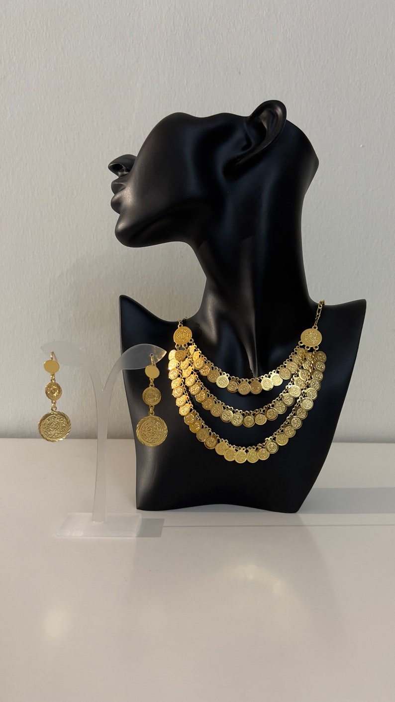 24K Gold Plated Arabic Set Earrings Necklace Layers Iraqi Dubai Gold ...