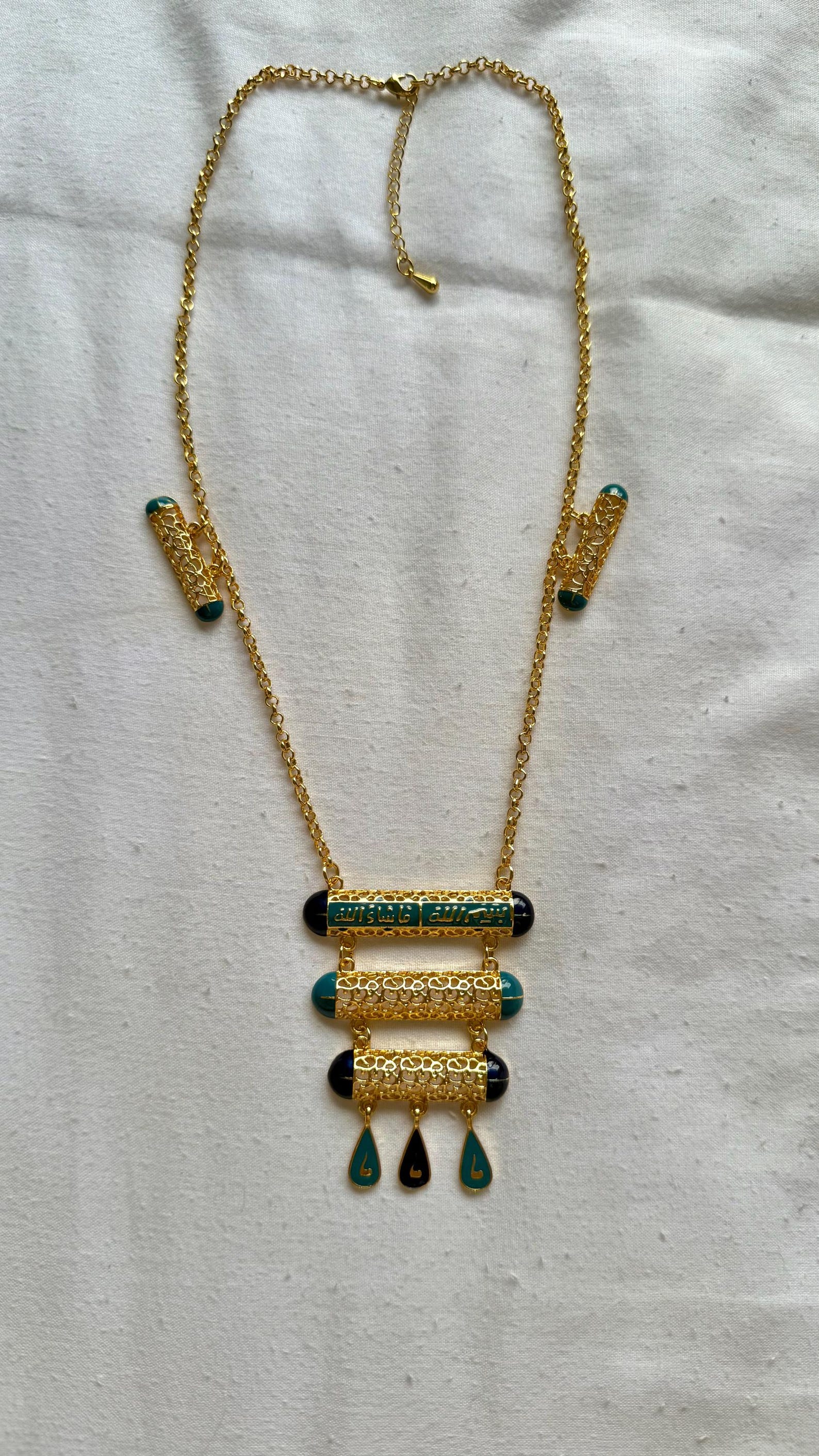 24K Gold Plated Iraqi Arab Enamel Necklace Blue Saudi Emirati Kuwaiti ...