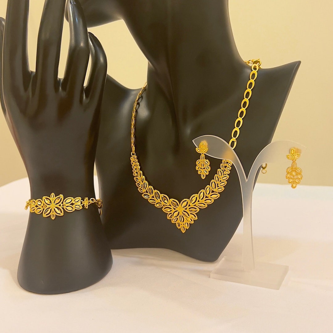 24K Gold Plated Palestinian Olive Leaf Arabic Earrings Necklace Iraq ...