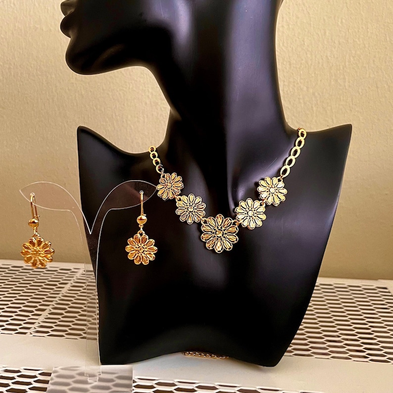 21K Gold Plated Arabic Set Earrings Necklace Flower Iraqi Dubai Gold ...