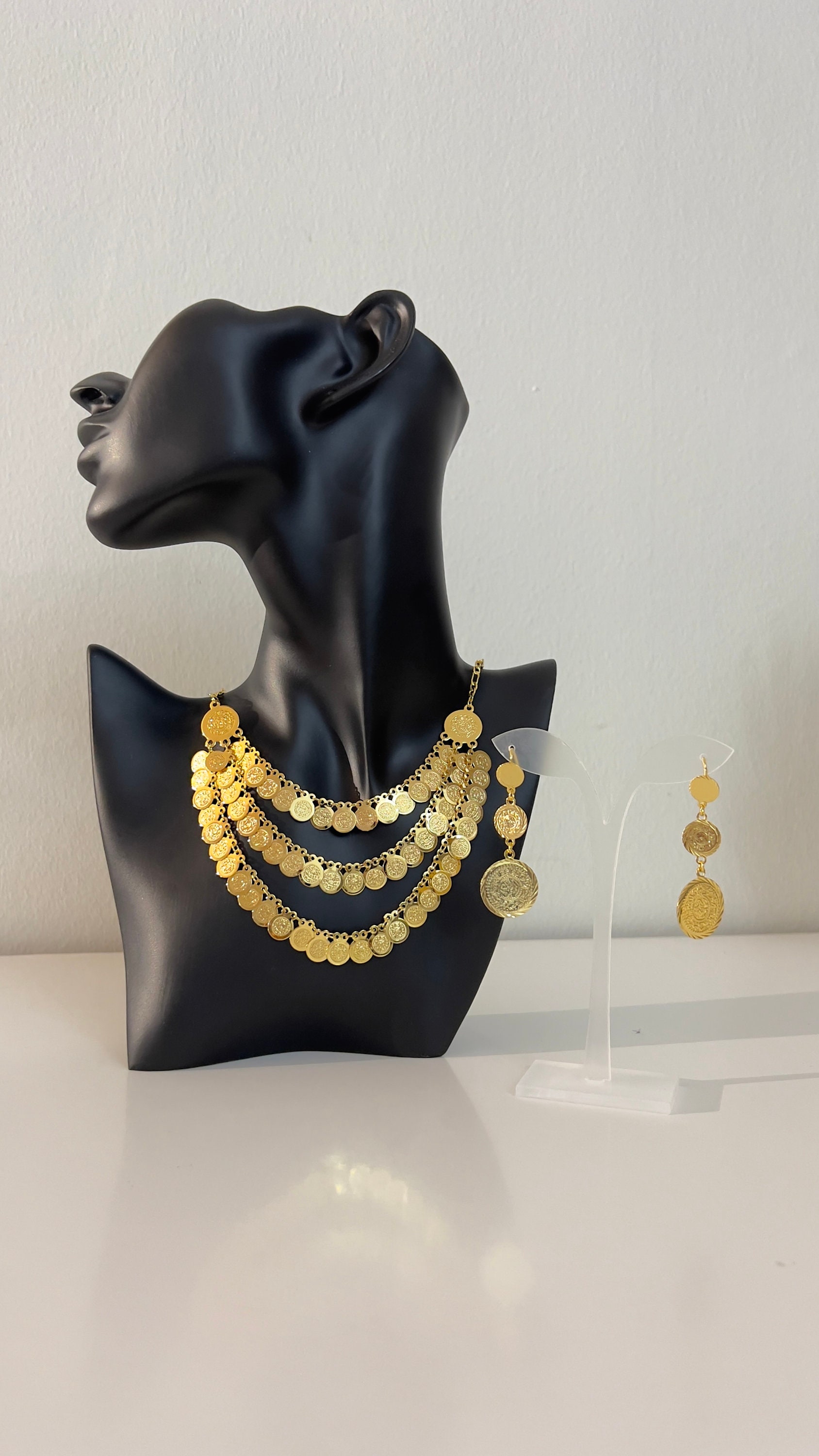 24K Gold Plated Arabic Set Earrings Necklace Layers Iraqi Dubai Gold ...