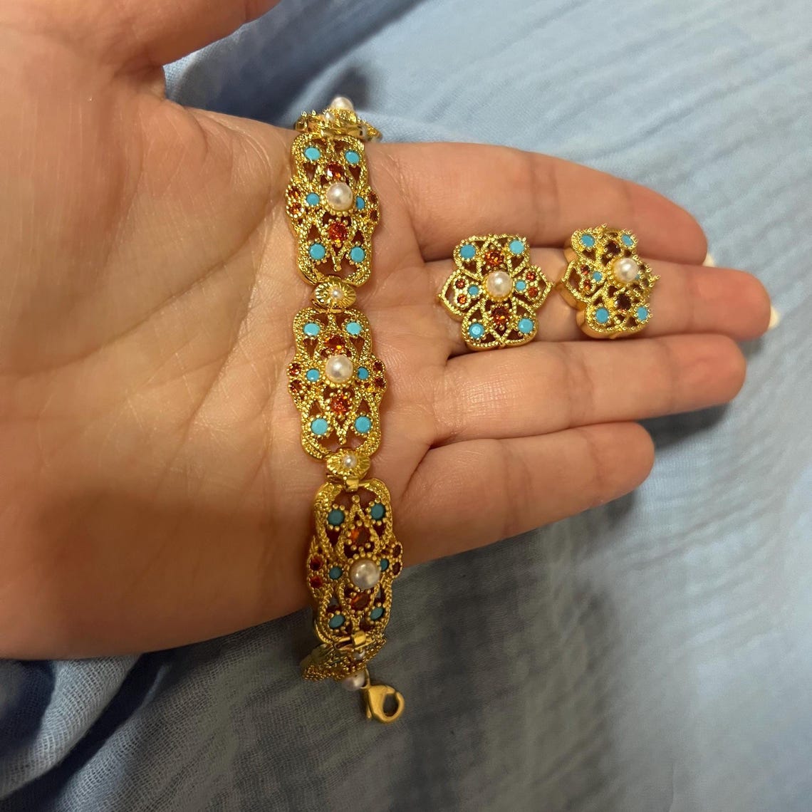 1 of a Kind- 24K Gold Plated Gems Bracelet Earrings Ottoman Turkish ...