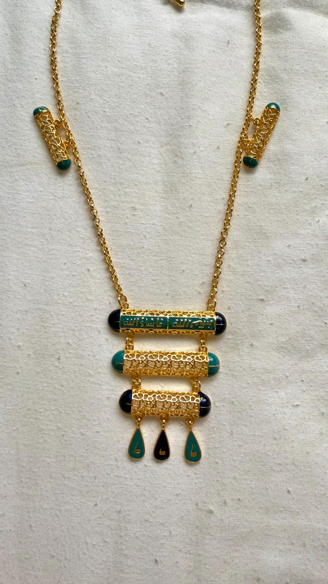 24K Gold Plated Iraqi Arab Enamel Necklace Blue Saudi Emirati Kuwaiti ...