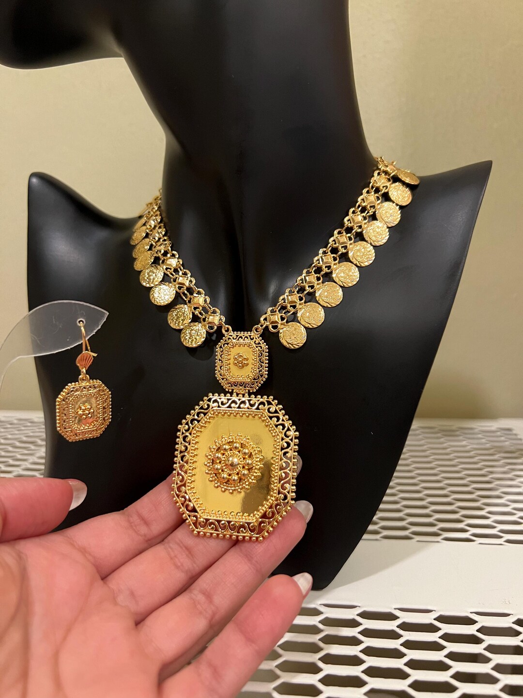 24K Gold Plated Palestinian Olive Leaf Arabic Earrings Necklace Iraq ...