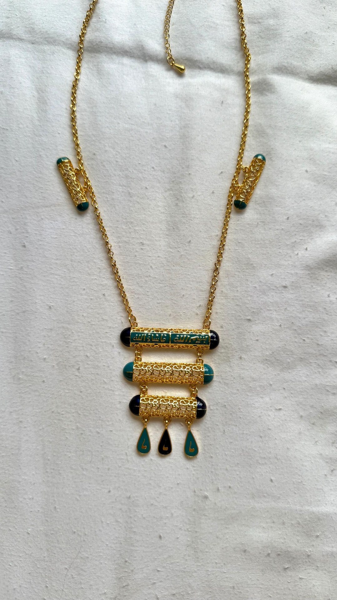 24K Gold Plated Iraqi Arab Enamel Necklace Blue Saudi Emirati Kuwaiti ...