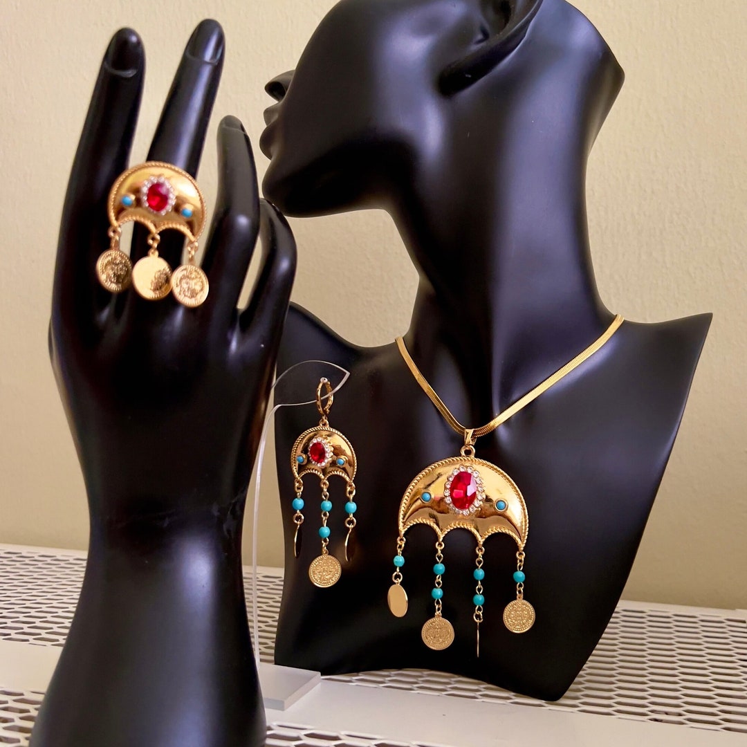 24K Gold Plated Lira Coin Arabic Set Earrings Necklace Iraqi Dubai ...