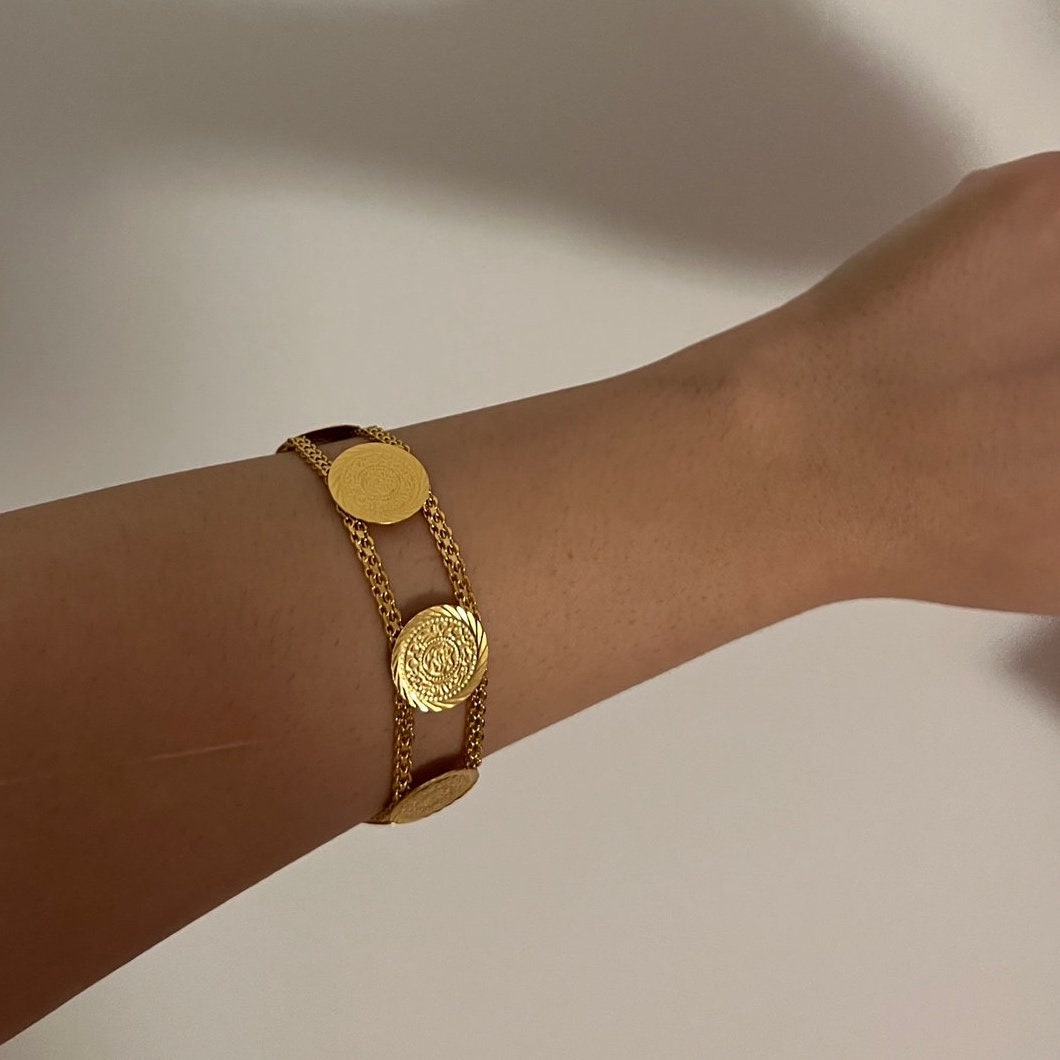 22K Gold Plated Lira Coin Iraqi Bracelet Bangle Palestinian Dubai Gold ...