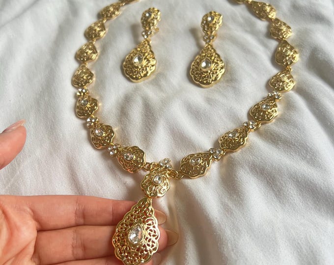 Algerian Moroccan 21K Gold Plated Arabic Set Earrings Necklace Dubai ...