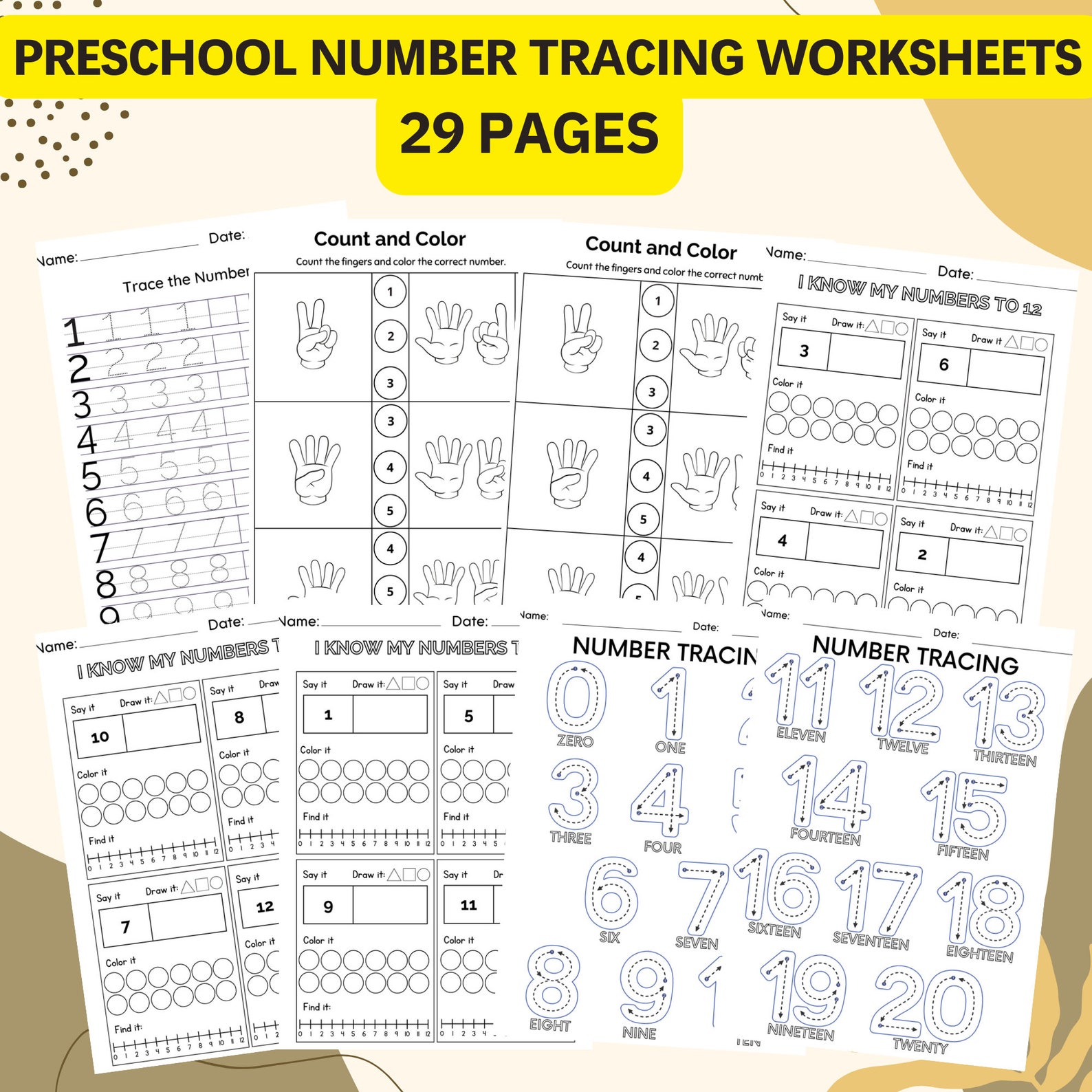 0-20,count and Color Number Tracing, Preschool Worksheet Printable ...