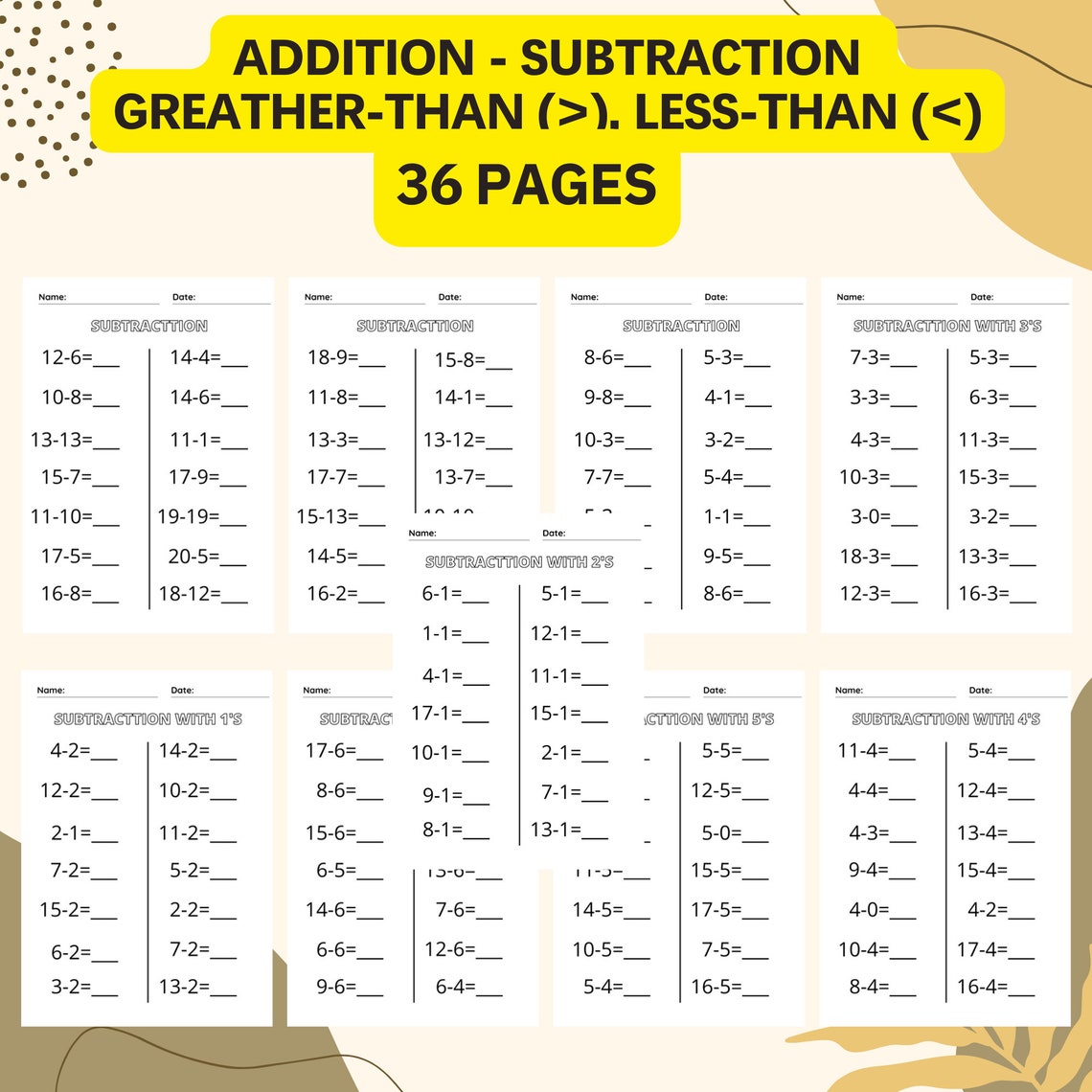 Math Worksheets - Printable - Instant Download - Addition - Subtraction ...