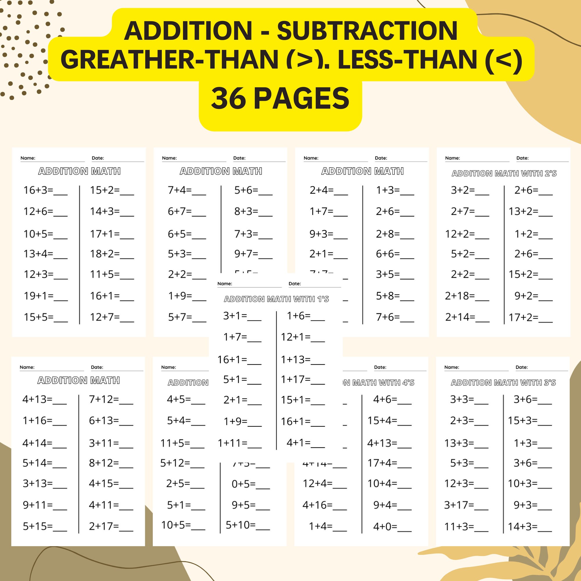 Math Worksheets - Printable - Instant Download - Addition - Subtraction ...