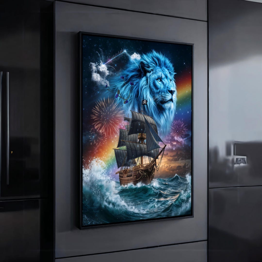 Majestic Blue Lion and Pirate Ship Fantasy Canvas Painting - Vibrant ...