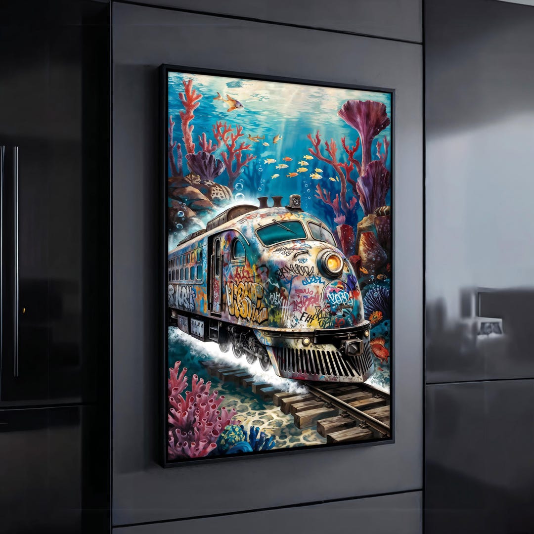 Vibrant Underwater Graffiti Train Canvas Art, Surreal Ocean Art With ...