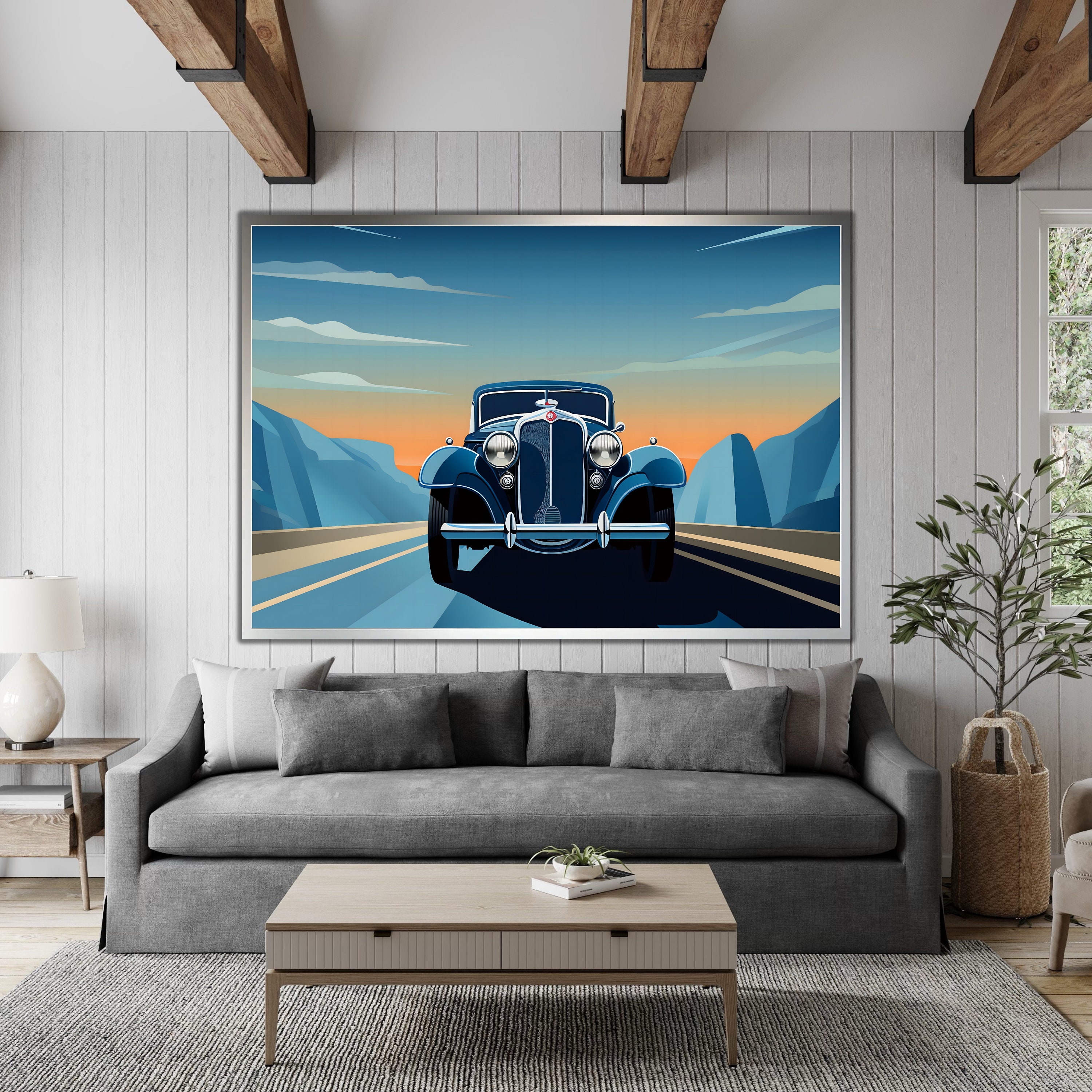 Classic Car Canvas Painting, İllustration Car Wall Art, Vintage Home ...