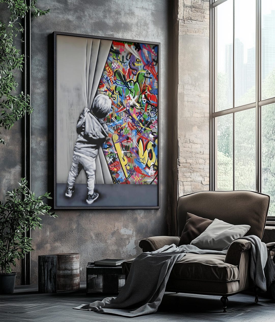 Child Unveiling the Curtain Graffiti Canvas Painting – Banksy Wall Art ...