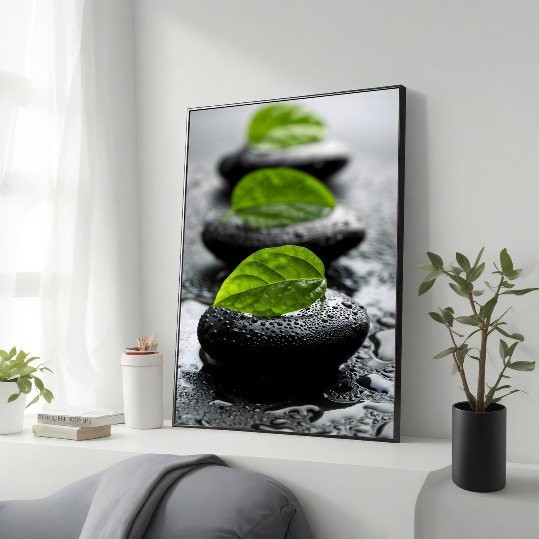 Zen Stones With Green Leaves Canvas Painting, Zen Spa Stones Wall Art ...