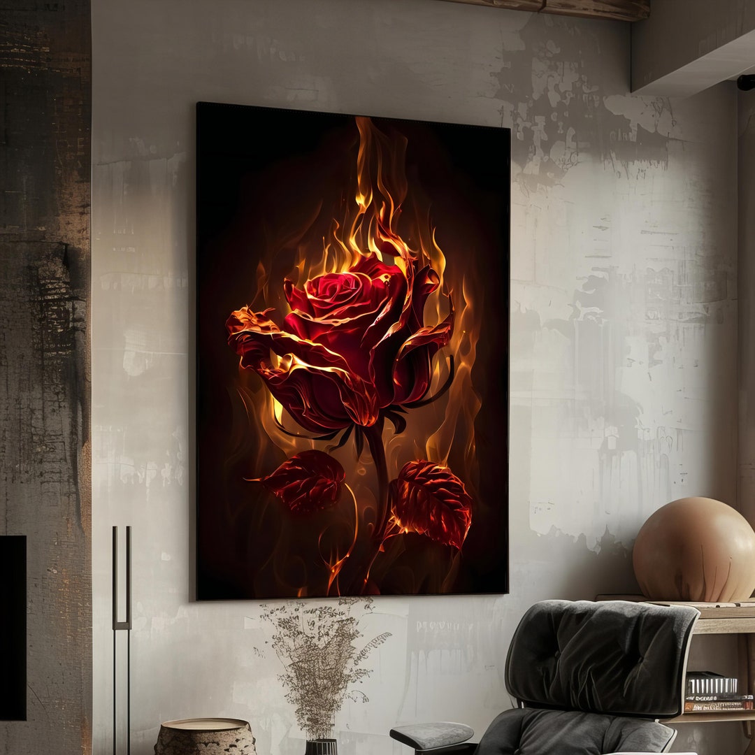 Flaming Rose Canvas Painting, Red Rose Canvas Print, Passionate Red ...