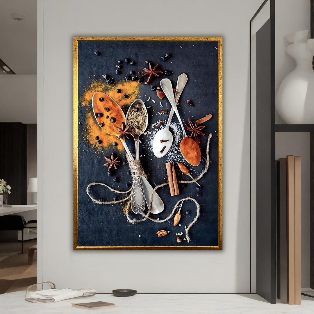 Spice Canvas Painting Black Background, Kitchen Wall Art, Ready to Hang ...