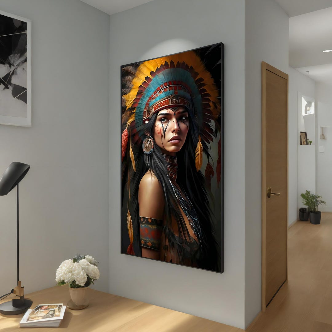 Native American Woman Portrait Canvas Painting - Tribal Headdress Wall ...