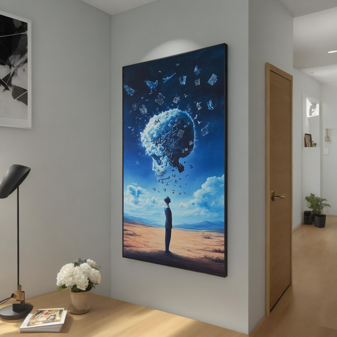 Surreal Blue Dreamscape Canvas Art, Surrealist Skull and Birds Wall ...