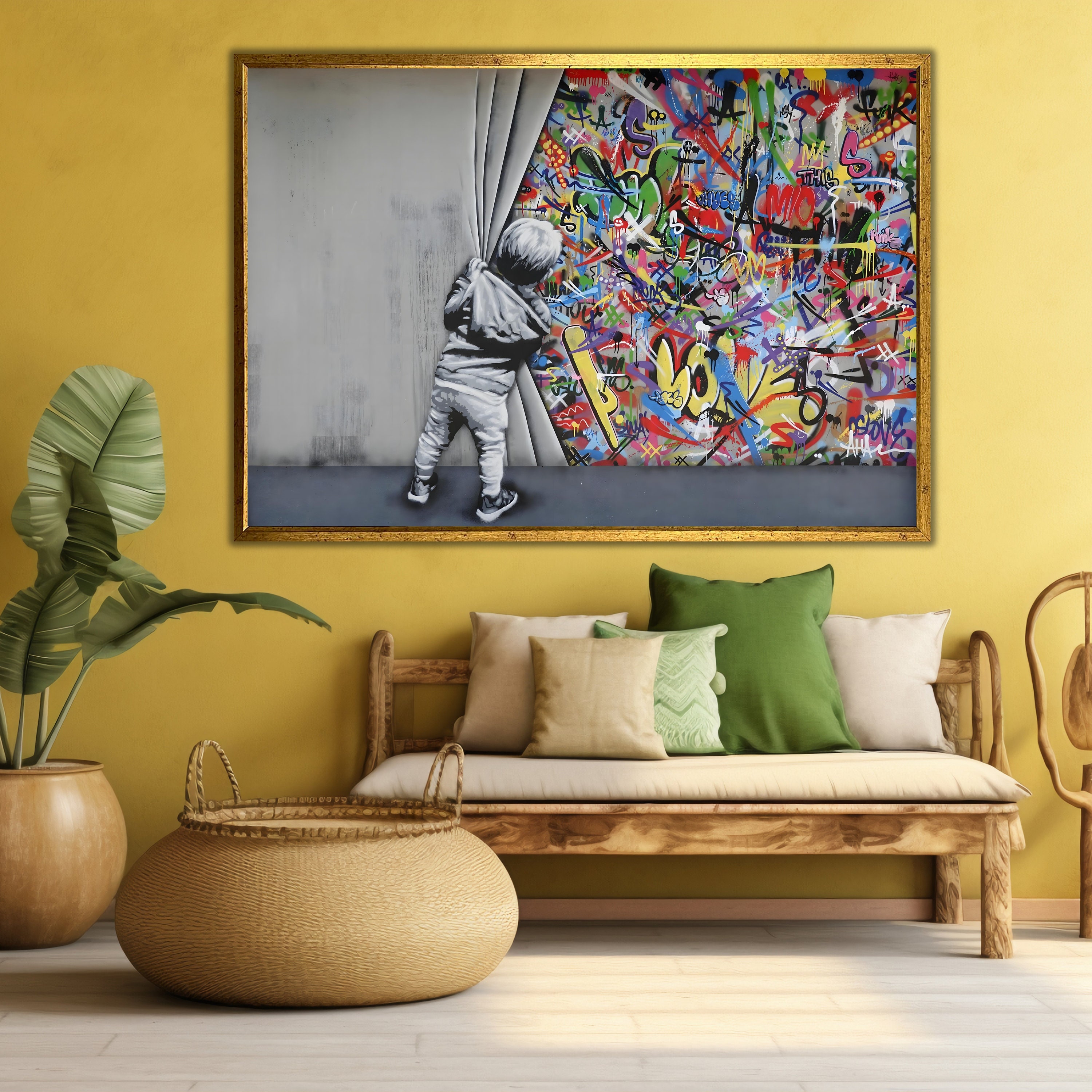 Banksy Behind the Curtain Wall Art, Banksy Canvas Art, Graffiti Wall ...