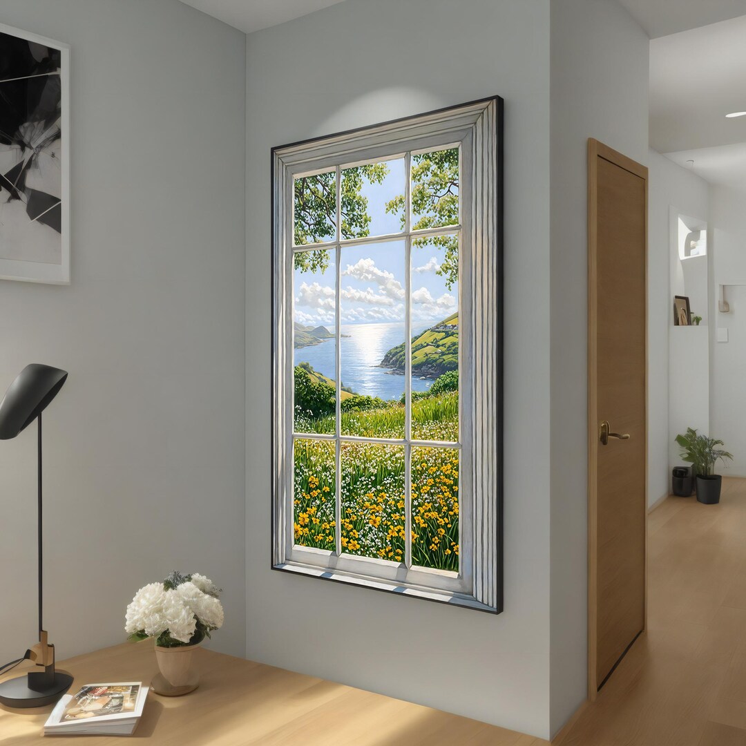 Seaside Window View Canvas Print - Coastal Landscape Painting, Fake ...