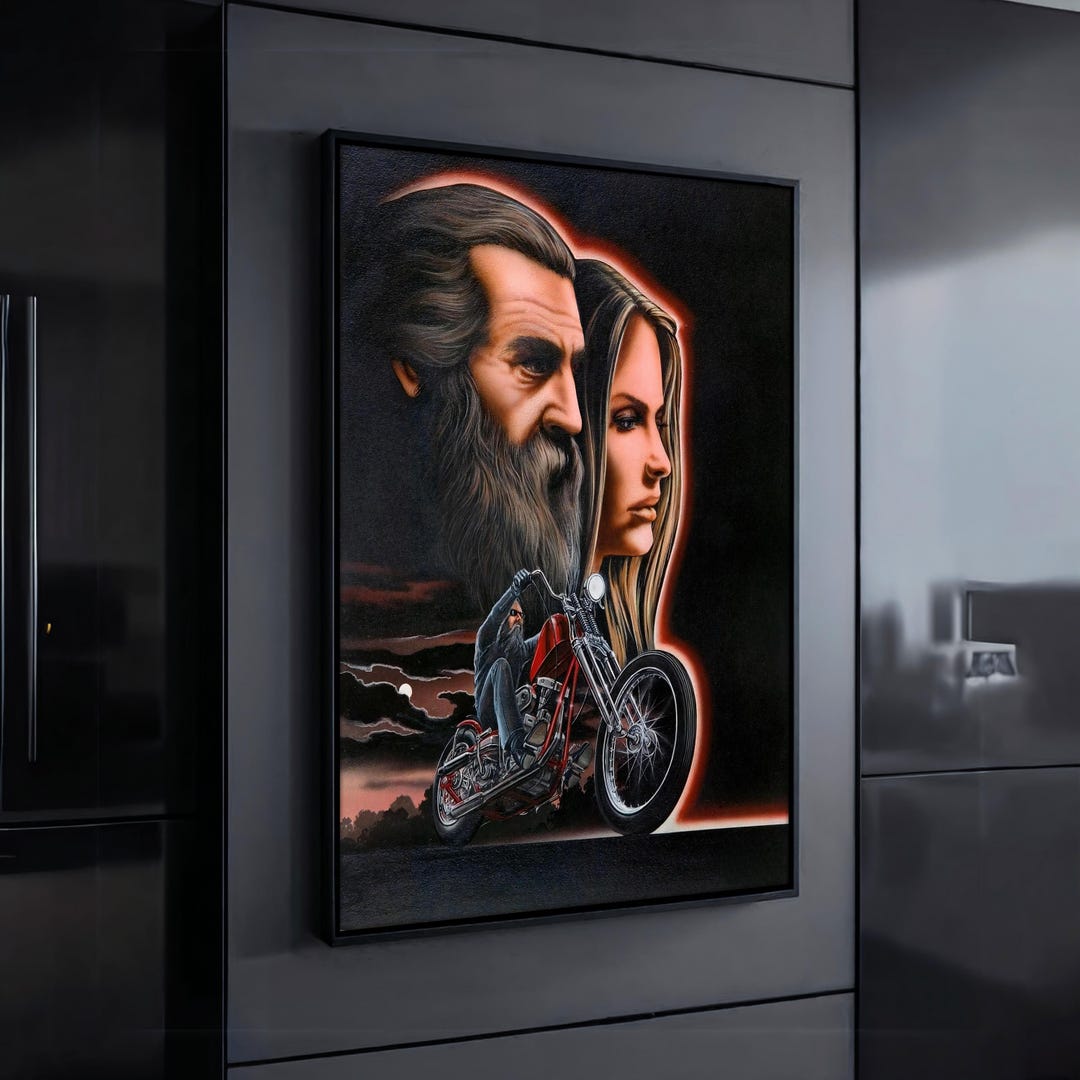Motorcycle Couple Canvas Painting, Retro Chopper Motorcycle Wall Art ...