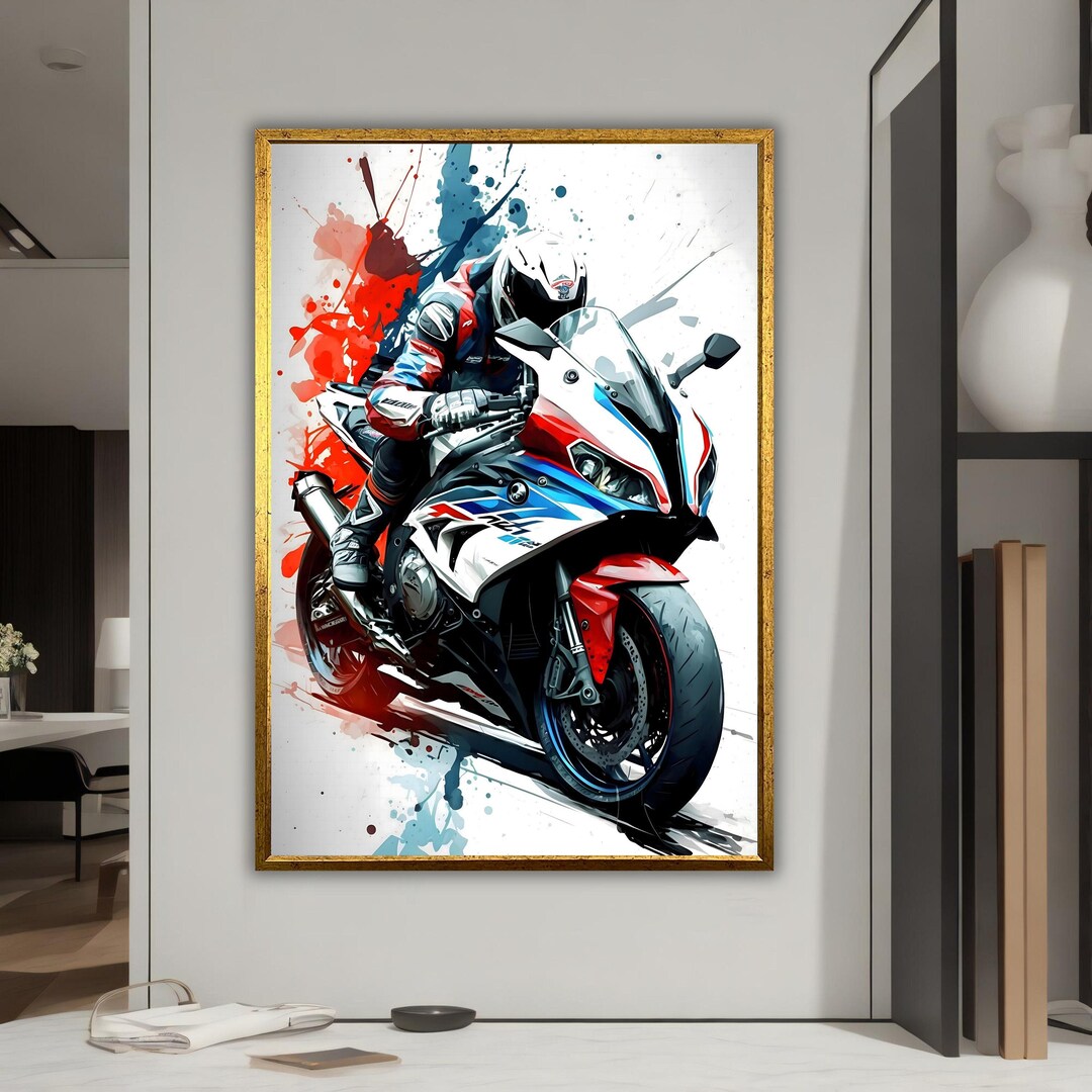Motorcycle Canvas Painting, Framed Artwork, Ready to Hang, Wall Decor ...