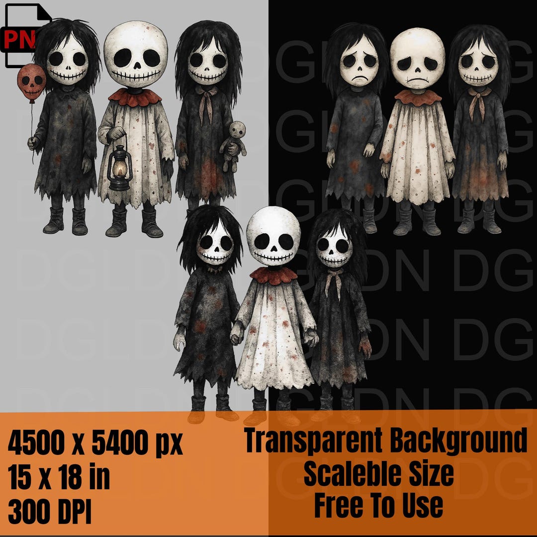 Gothic Kids Clipart PNG Set – Creepy Cute Halloween Characters ...