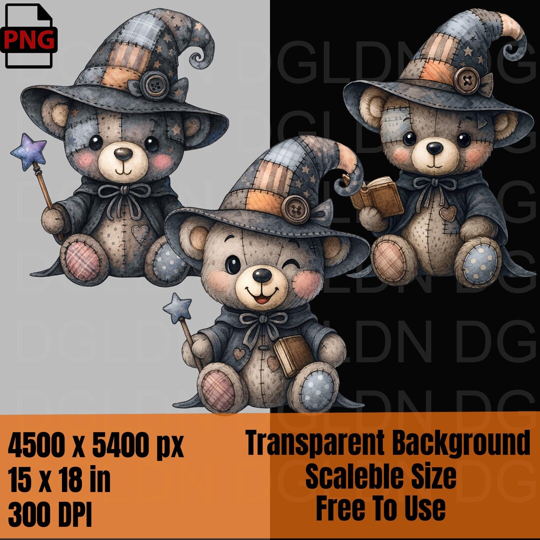 Witch Bear PNG Bundle – Cute Halloween Teddy Clipart, 3 Transparent 300 ...