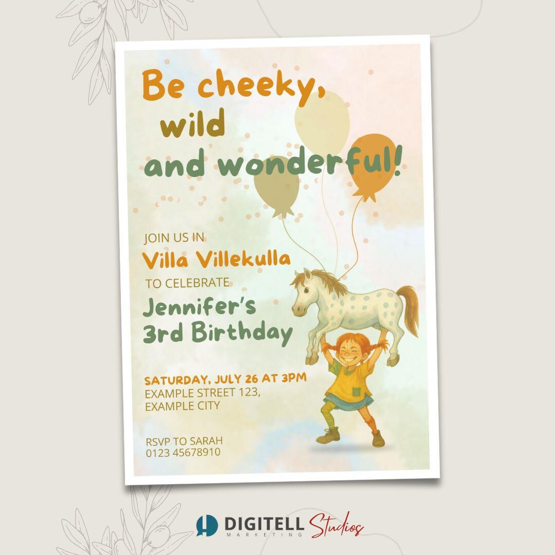 Pippi Birthday Invitation Printable, Editable Canva Template, Birthday ...