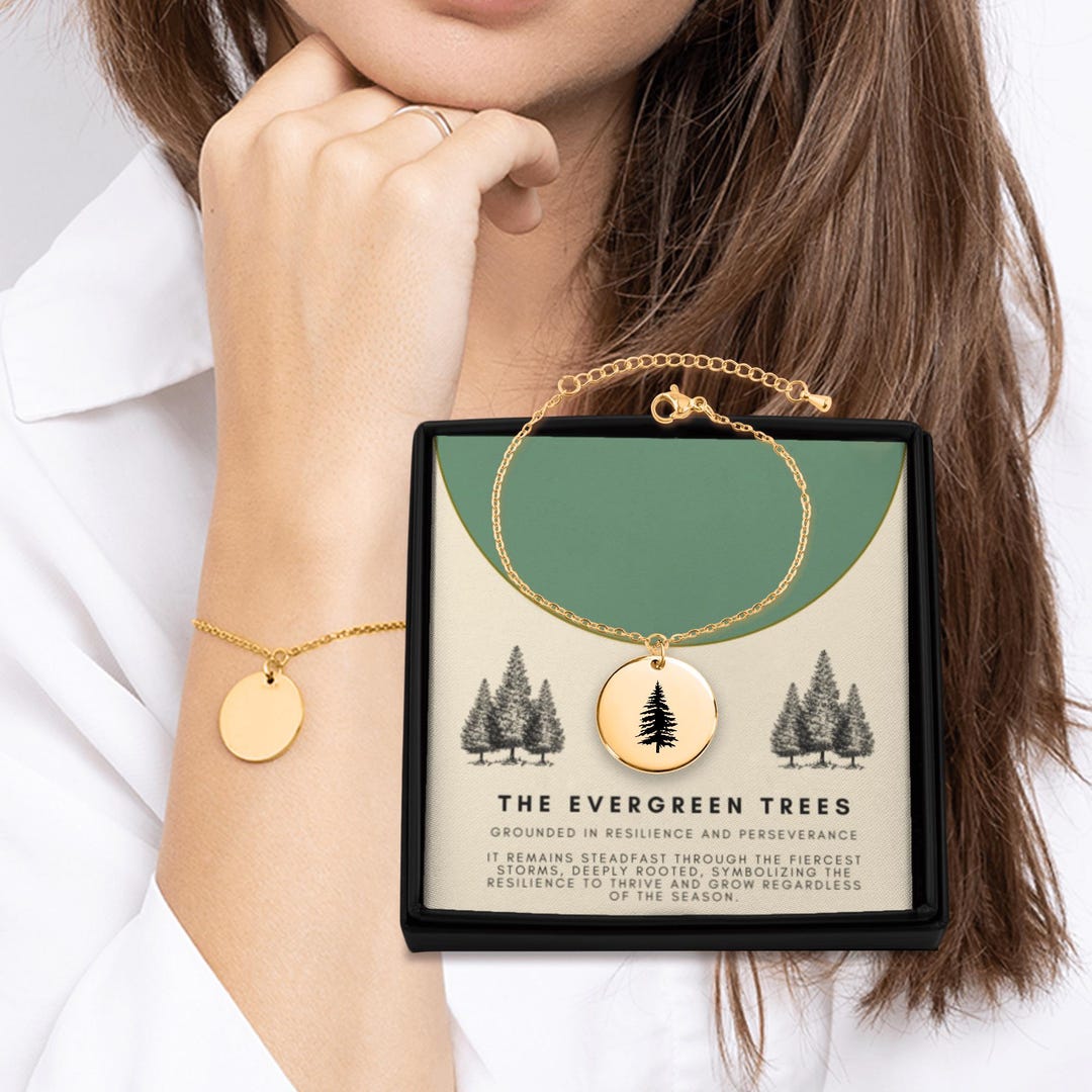 Evergreen Trees Bracelet With Custom Back Engraving, Pine Tree Bracelet ...