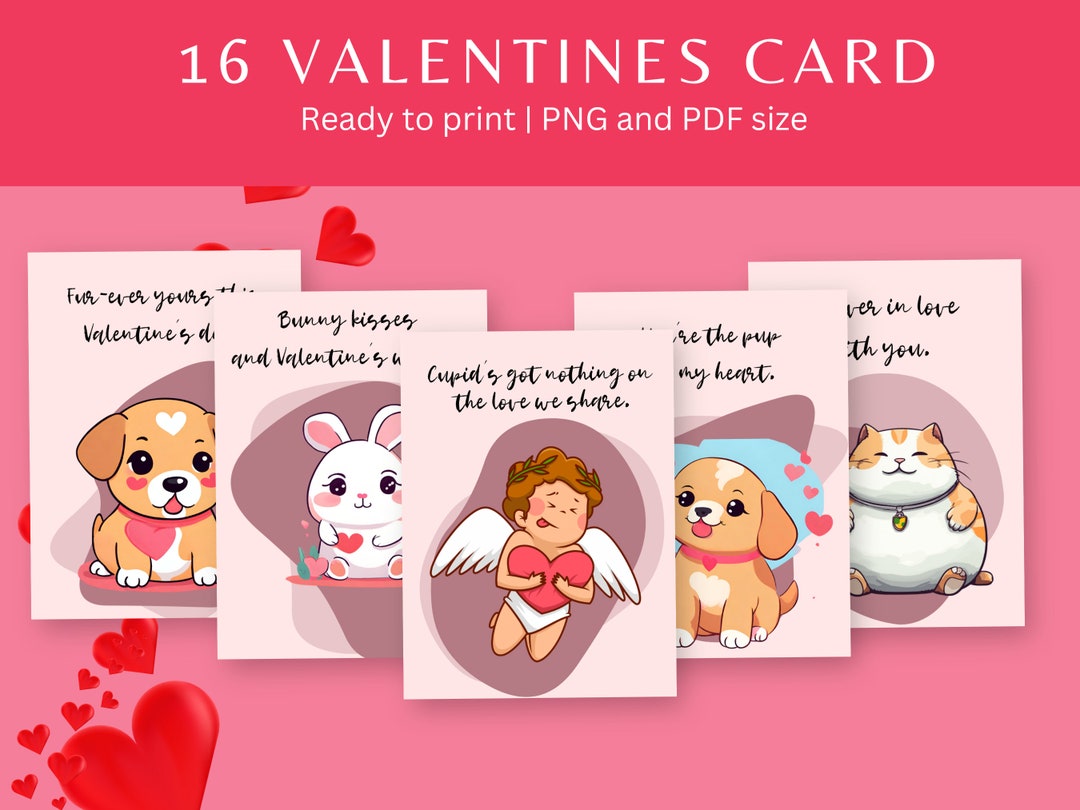 Valentines Day Cards Printable, Cute Dog Cat Bunny Cupid Designs ...