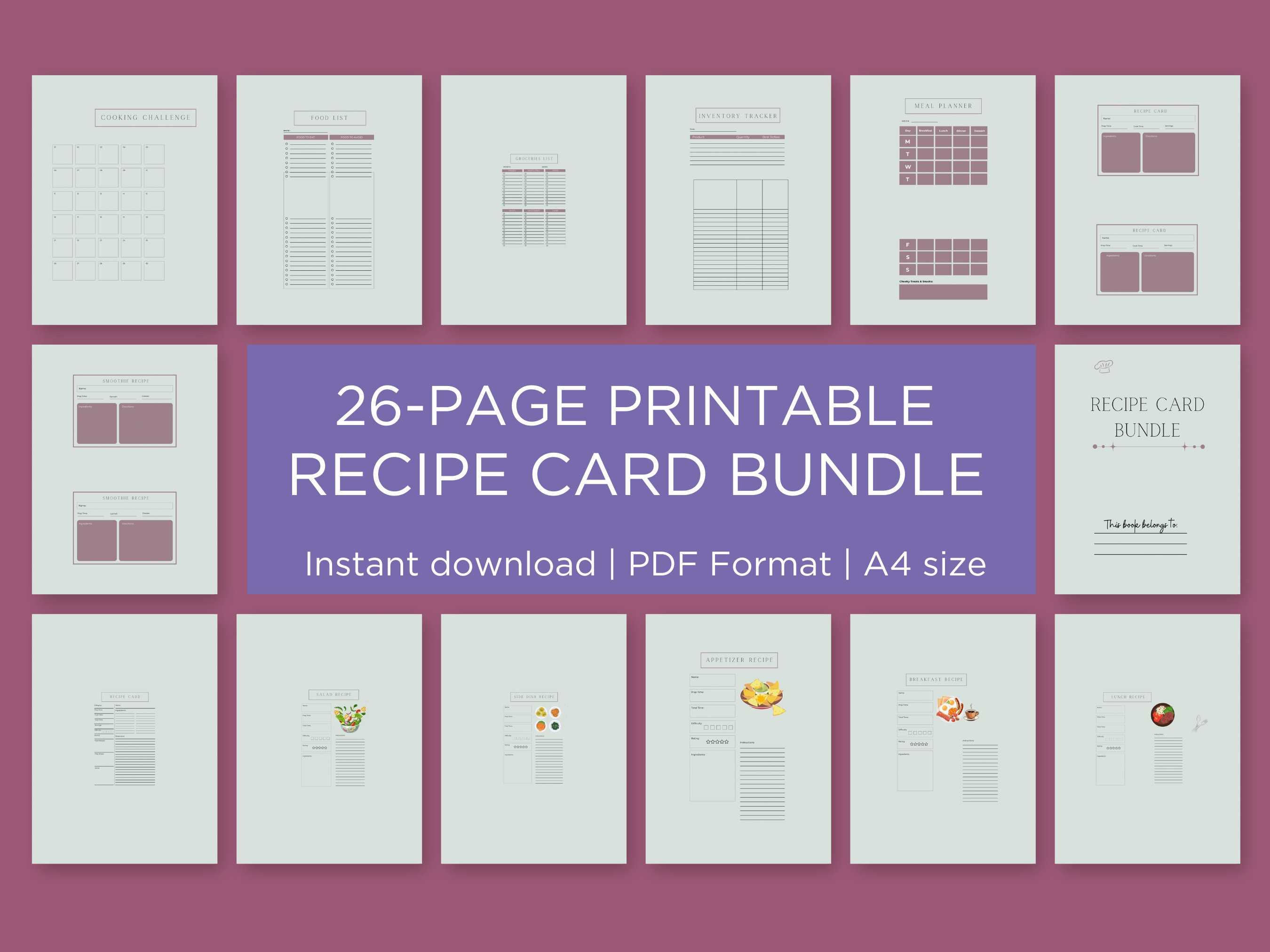 Recipe Card Printable Recipe Card Bundle Recipe Sheet A4 Size 26 Pages ...