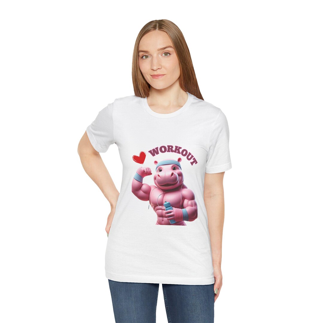 Funny Hippo Love Workout White Unisex Tee, Gym Tee Shirt, Cute Animal ...