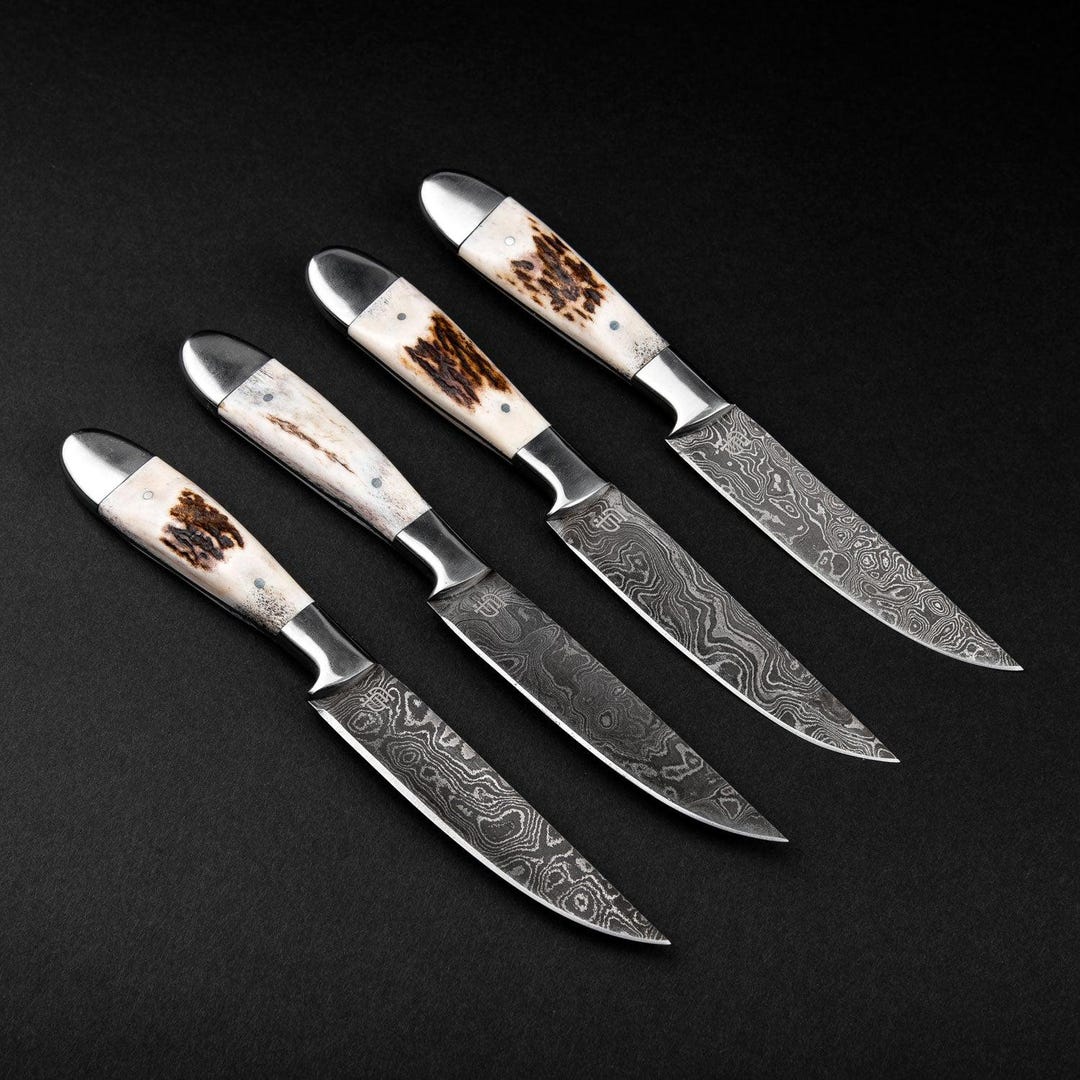 Stag/antler Handle Damascus Steak Knives, BBQ Steak Knives, Outdoor ...
